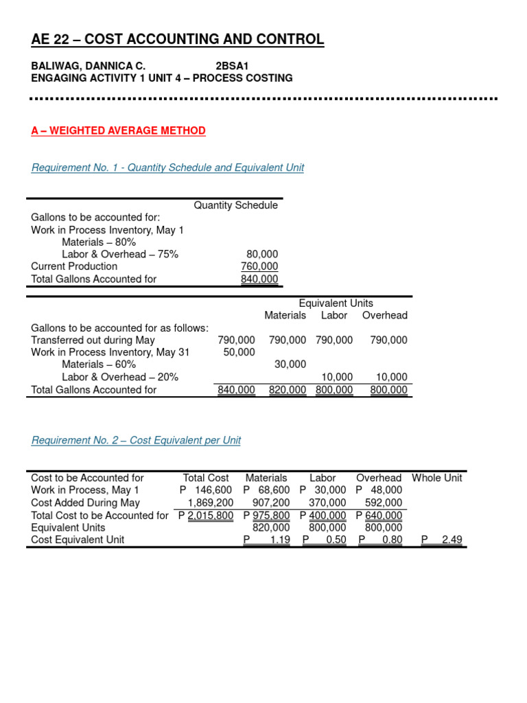 Engaging Activity 1 - Unit 4 Process Costing | PDF | Inventory | Economies