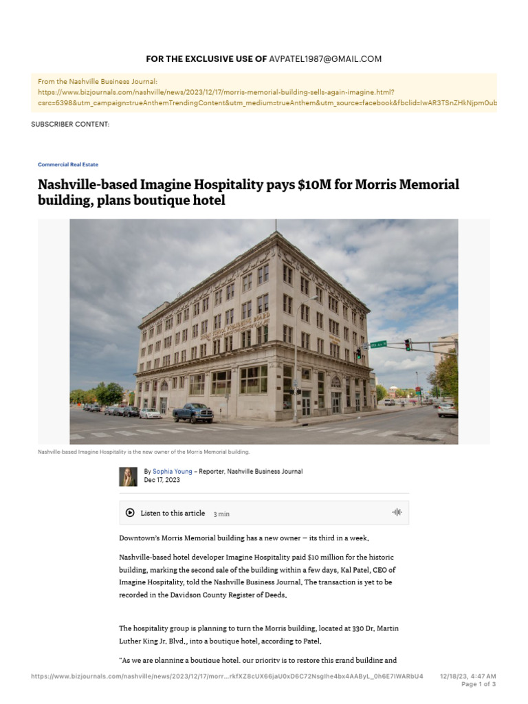 Nashville-based Imagine Hospitality buys Morris memorial building ...