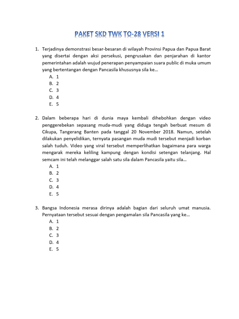 SKD TWK 1 Jan 2023 Paket SKD TWK To-28 Versi 1 | PDF