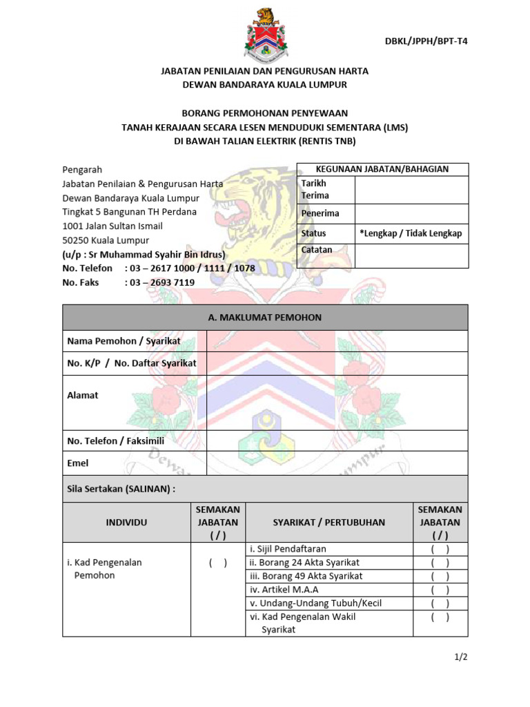 Borang Sewa Tanah DBKL | PDF