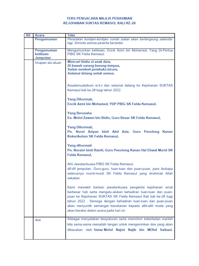 Teks Pengacara Sukan Sekolah 2022 | PDF
