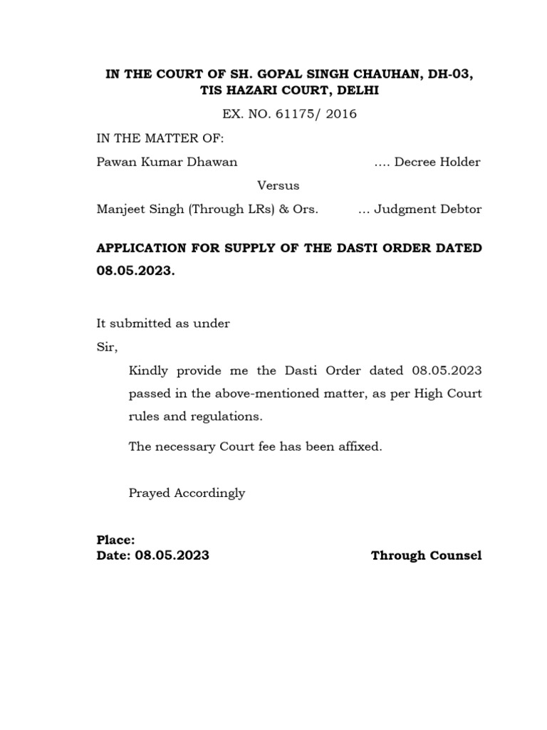 Application For Supply The Dasti Order | PDF