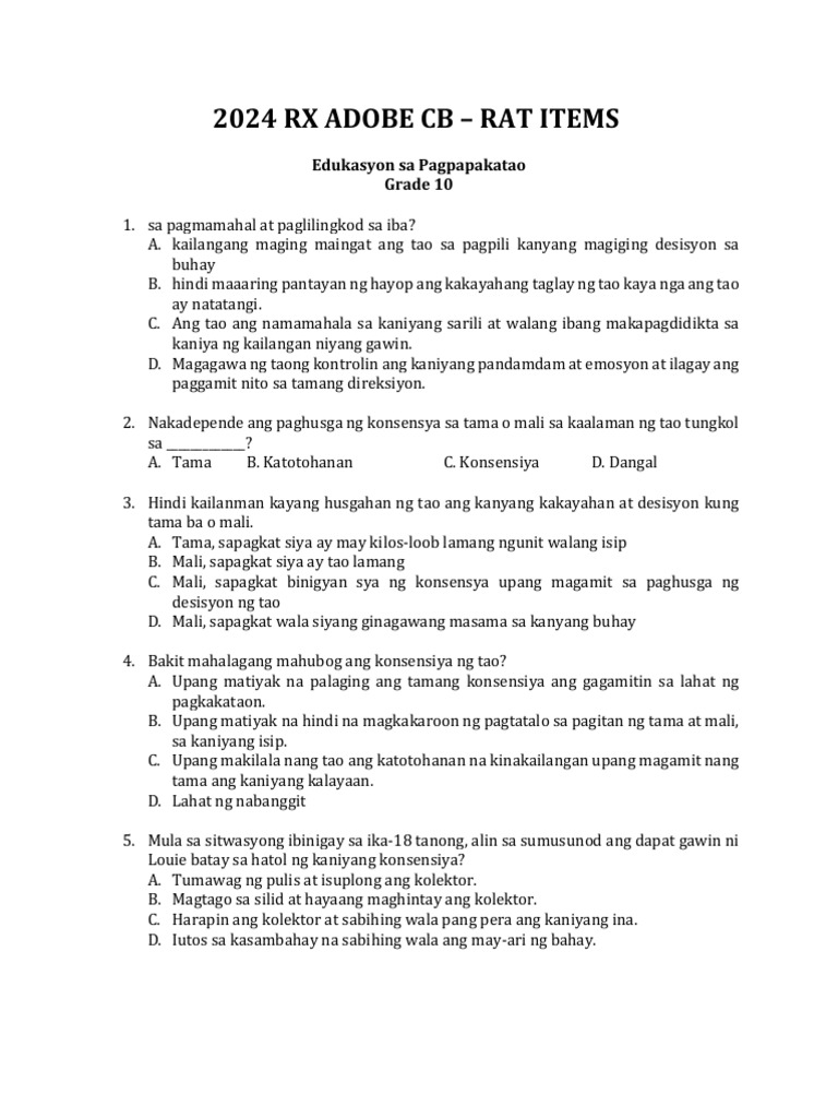 2024 RX Adobe CB - Rat Items: Edukasyon Sa Pagpapakatao Grade 10 | PDF