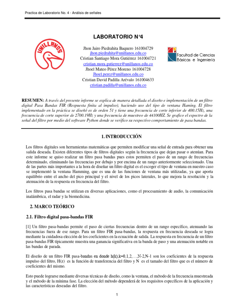 Informe Lab 4 - Analisis de Señales - 231201 - 124715 | PDF | Filtro electronico | Tecnología de ...