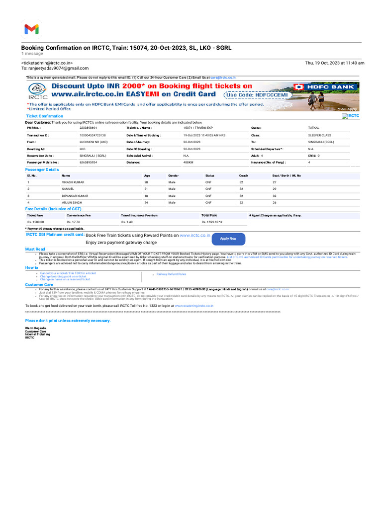Booking Confirmation On IRCTC, Train: 15074, 20-Oct-2023, SL, LKO ...