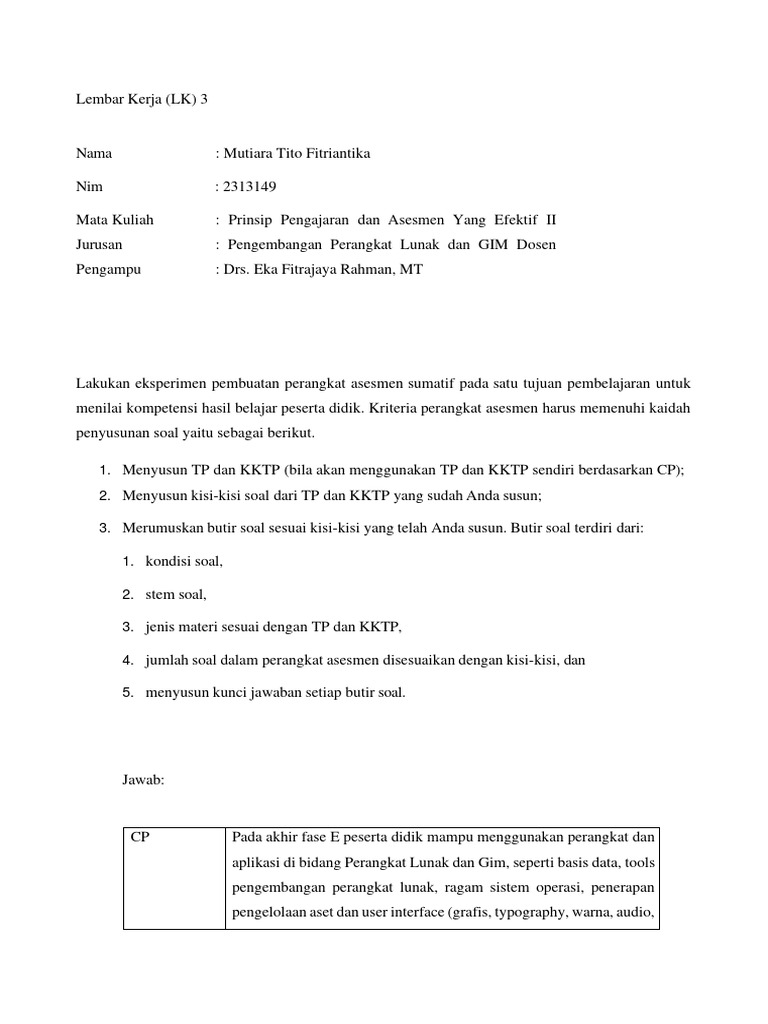 Lembar Kerja (LK) 3 - Mutiara TF-2313149 | PDF