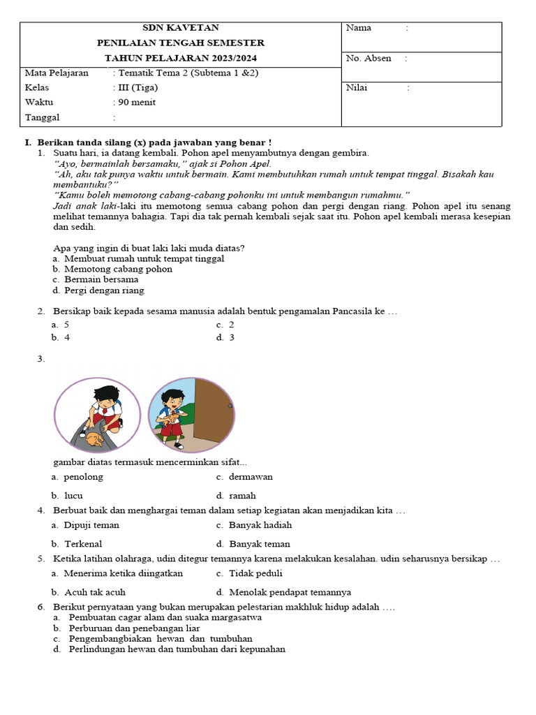 SOAL PTS KELAS 3 TEMA 2 Bagian 1 | PDF
