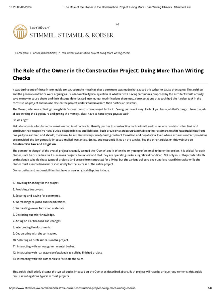 The Role of The Owner in The Construction Project - Doing More Than Writing Checks - Stimmel Law ...