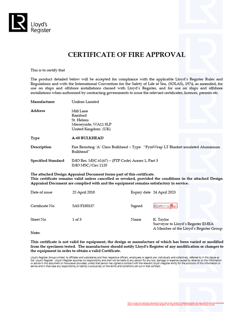 FyreWrap LT A60 Aluminium Bulkhead Certificate | PDF