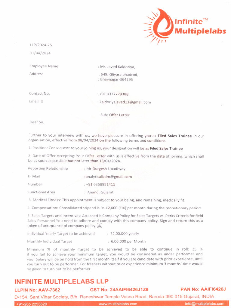 Javed Kaldoriya Offer Letter | PDF