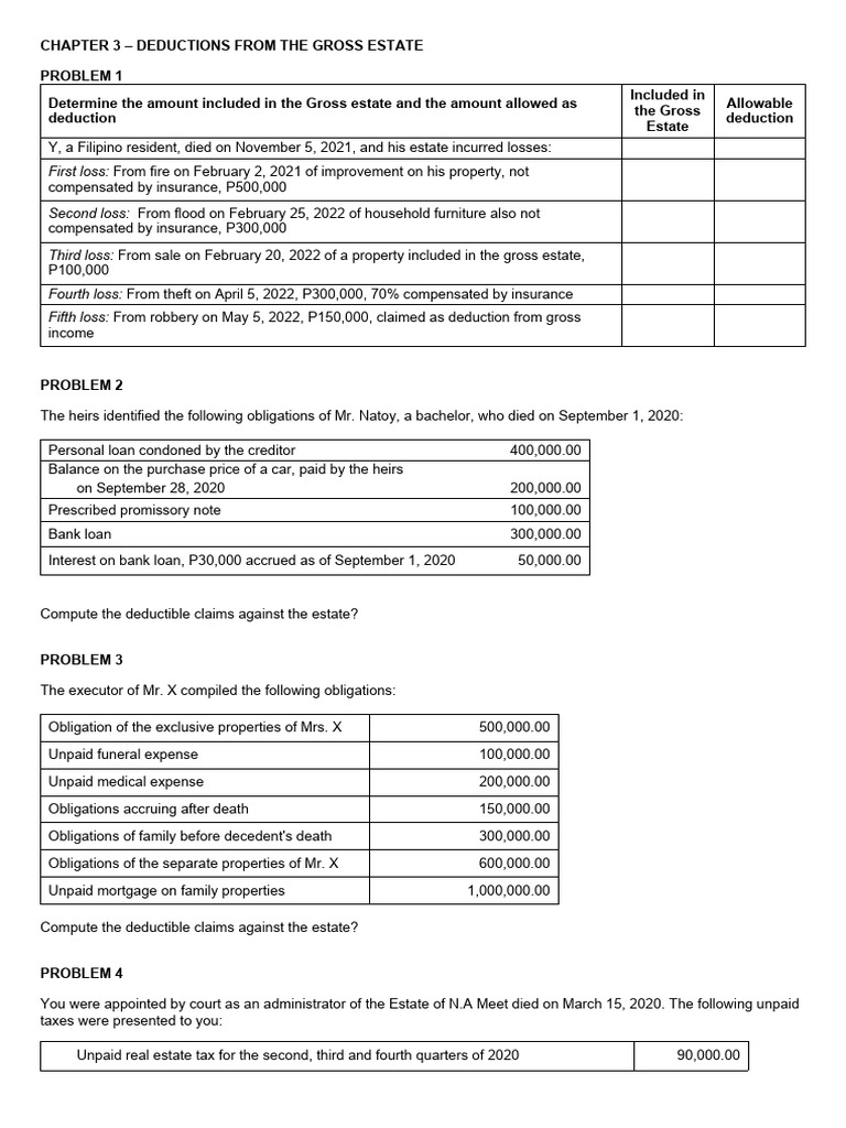 Chapter 3 - Problems - Deductions From The Gross Estate | PDF | Tax Deduction | Estate Tax In ...