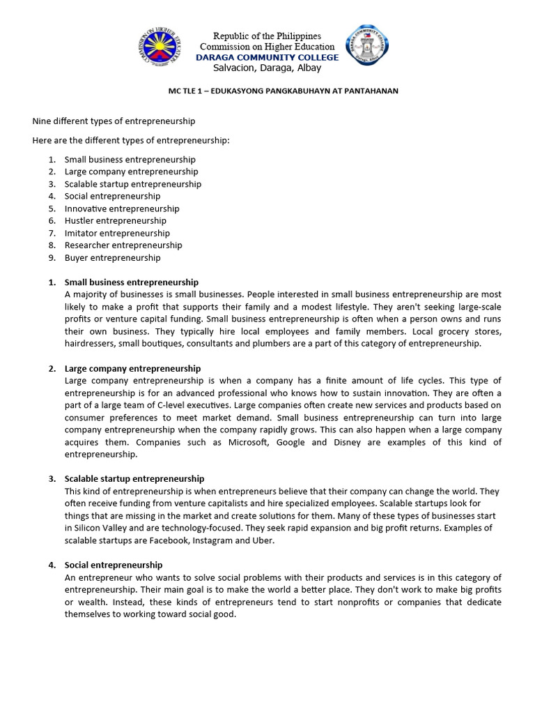 Nine Different Types of Entrepreneurship | PDF | Entrepreneurship ...