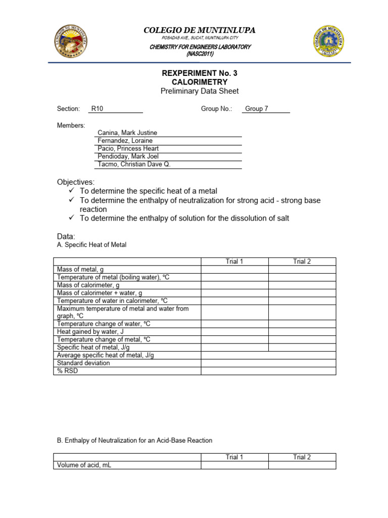 Experiment 3 Preliminary Data Sheet | PDF | Heat | Mole (Unit)