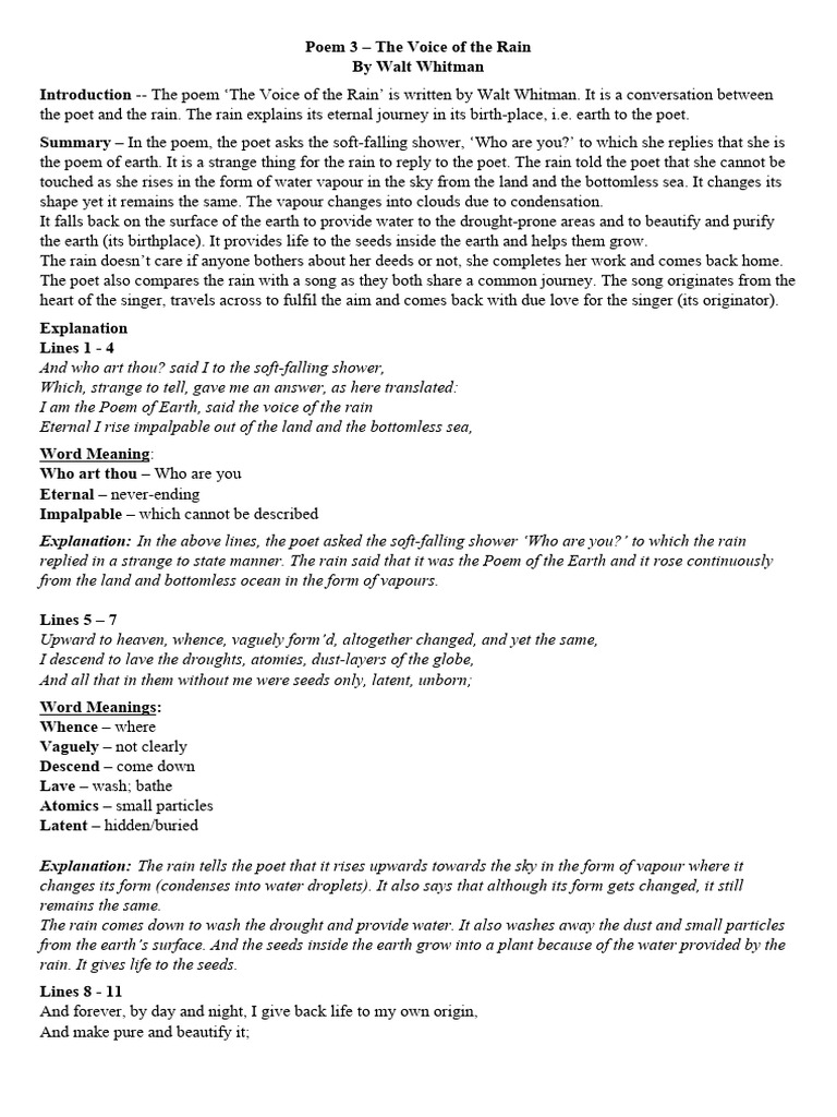 HB Poem 3 Expl, Q-Ans, Poetic Devices | PDF | Rain | Water
