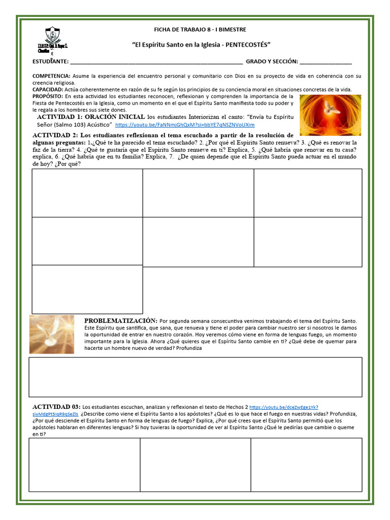 Ficha de Act 08 - I Bim 4to Sec Rel | PDF | Pentecostés | espíritu Santo