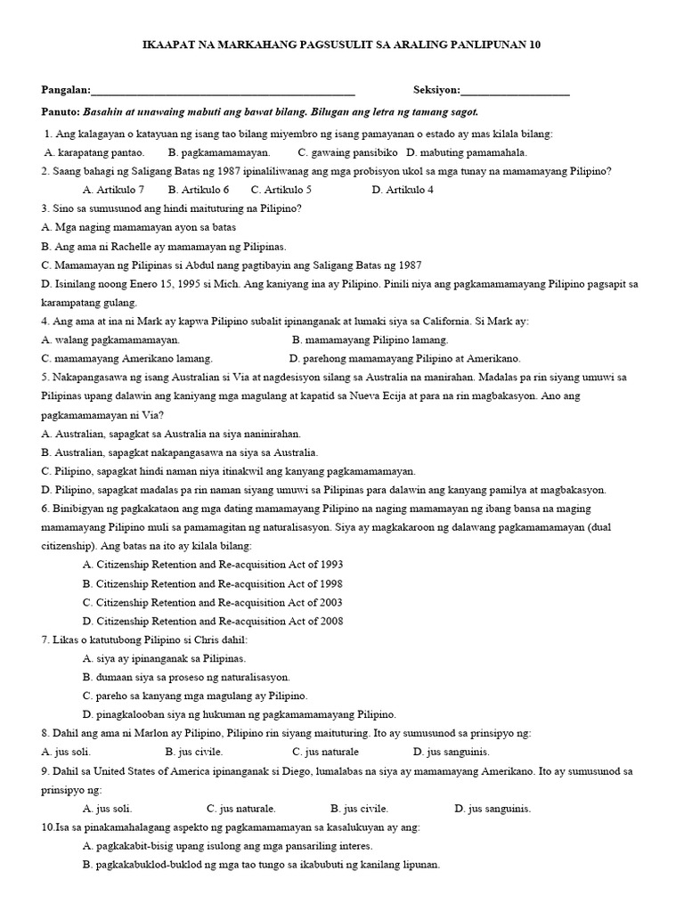 Ikaapat Na Markahang Pagsusulit Sa Araling Panlipunan 10 | PDF