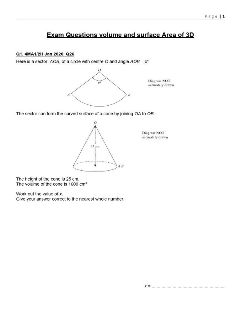 Exam Questions Volume Surface Area 3D | PDF | Sphere | Area