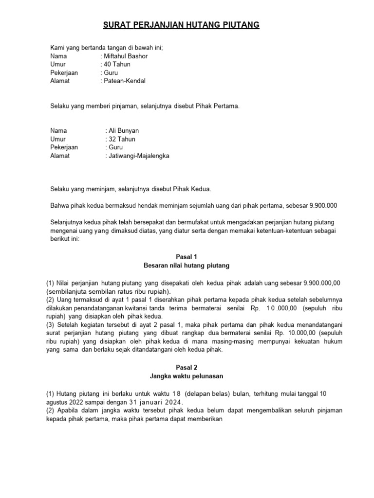 Contoh Surat Perjanjian Hutang Piutang | PDF | Hukum