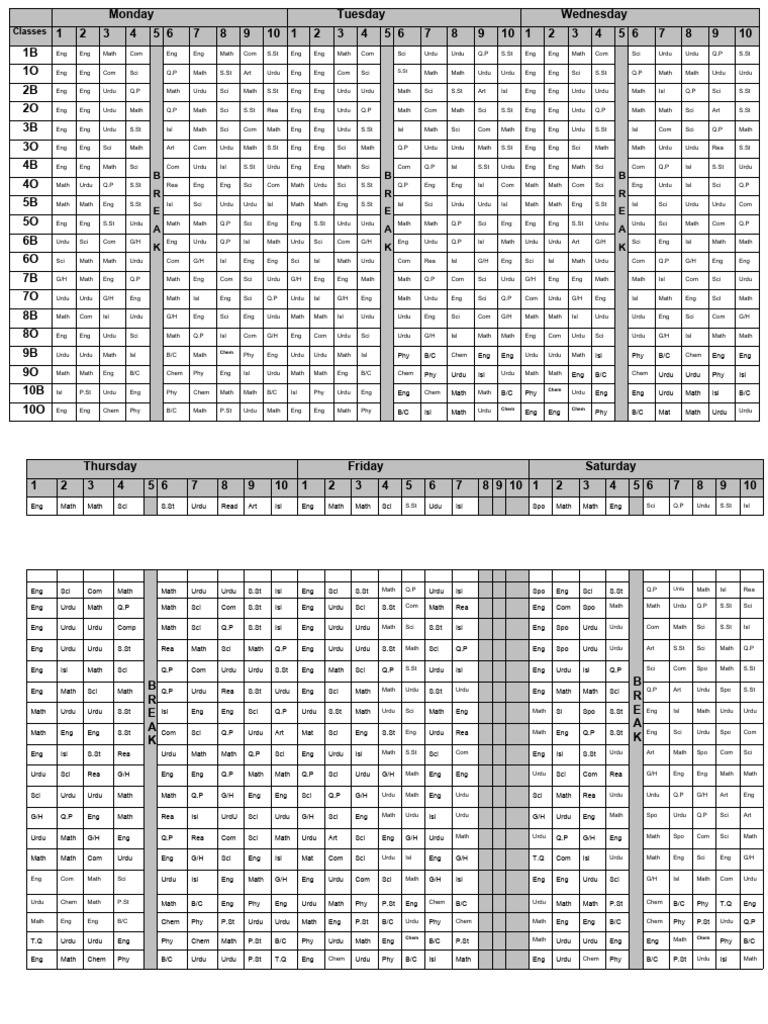Cummulative Timetables of Classes | PDF