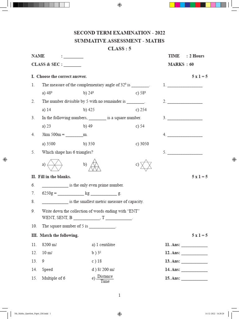 5th Maths Question Paper EM 221220 210531 | PDF | Elementary ...