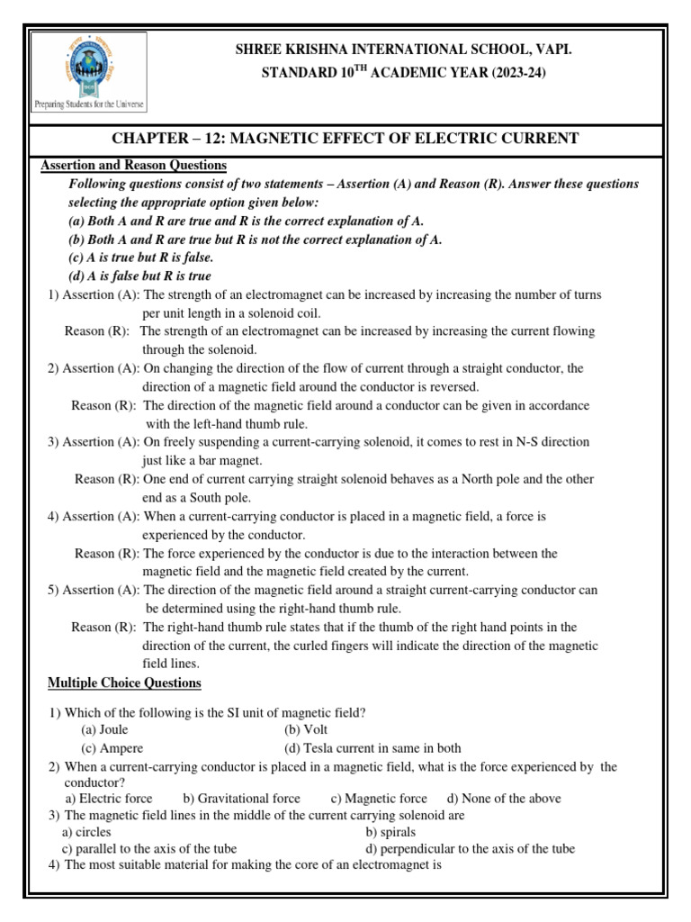 STD 10 Chapter 12 - Magnetic Effect Worksheet 2023-24 | PDF | Magnetic Field | Magnetism