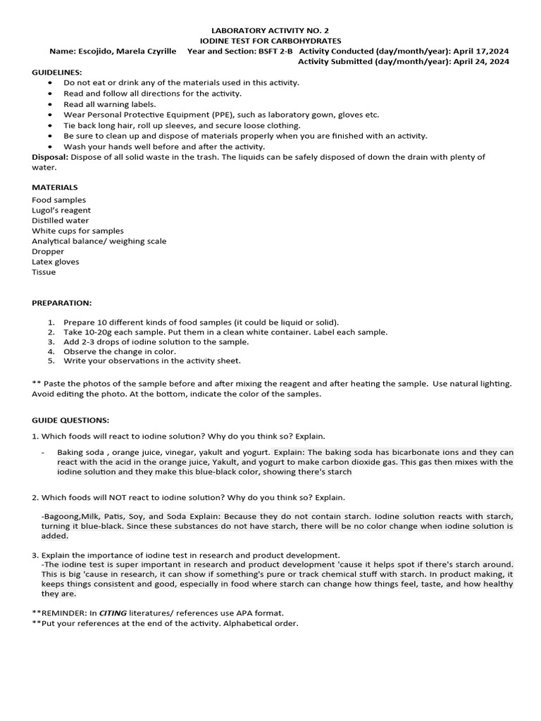 Laboratory Activity No 2 Iodine Test | PDF | Sodium Bicarbonate | Chemistry