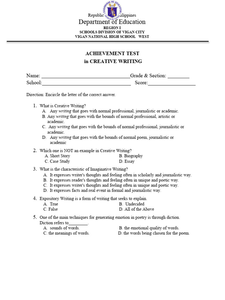 Creative Writing Achievement Test | PDF | Poetry | Narrative