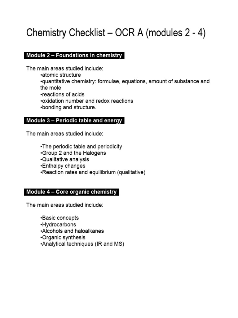 OCR A AS Chemistry Checklist Mod 2 4 | PDF | Chemical Bond | Alkene