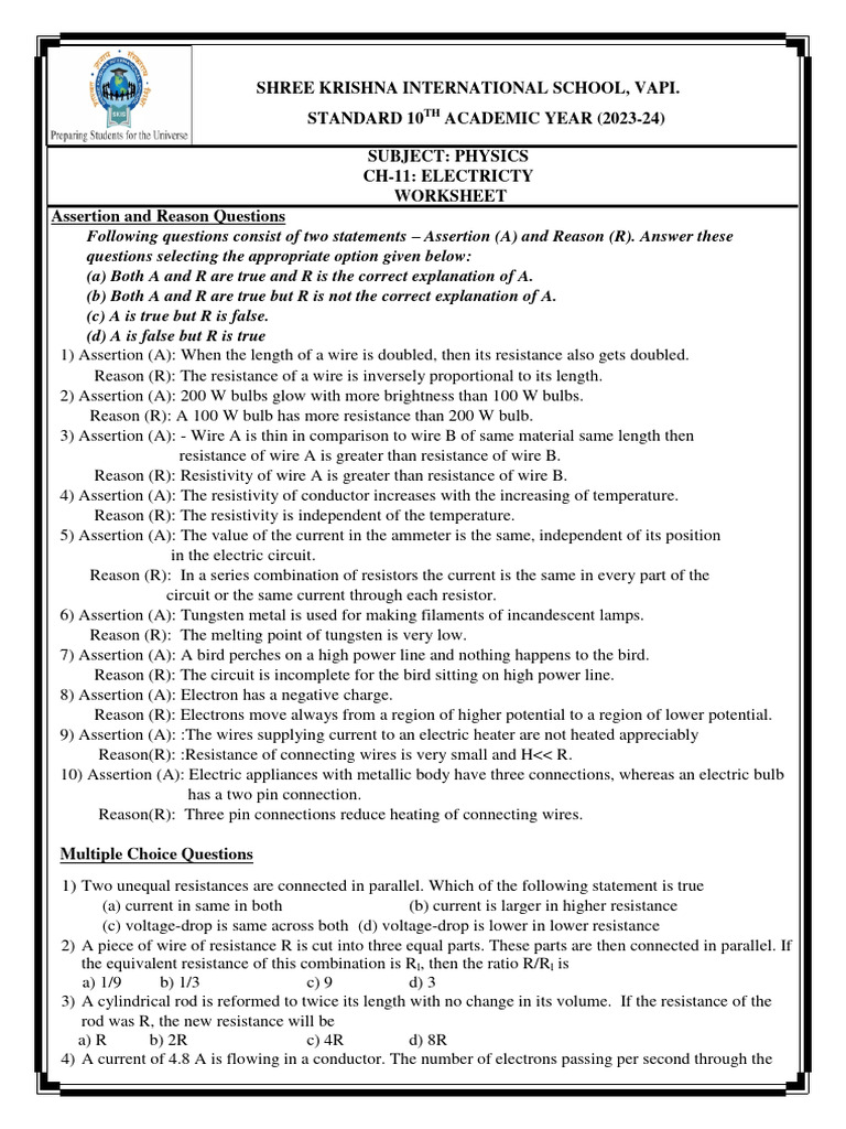 class 10 Chp-11 Electriicty Worksheet (2023-24) | PDF | Electrical ...