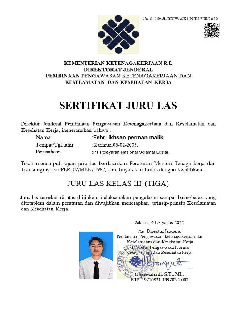 Sertifikat Juru Las Kelas III 2022 | PDF