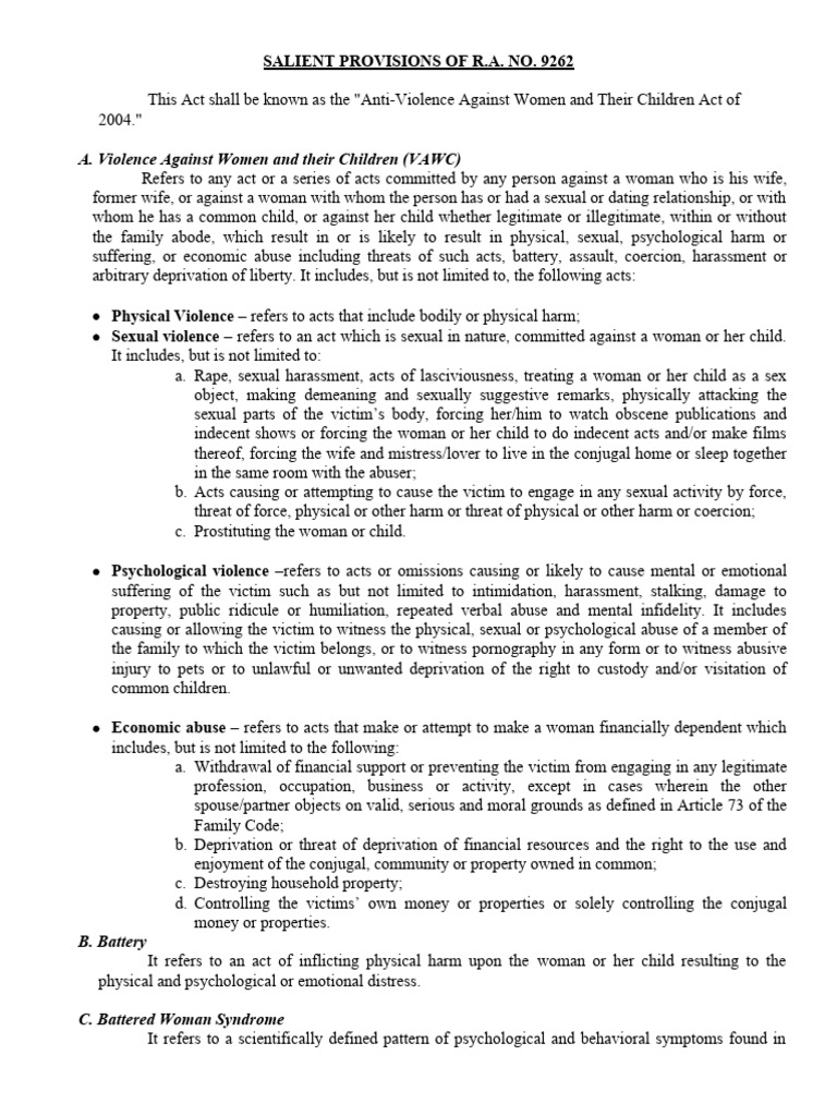 Salient Provisions of RA-9262 | PDF | Psychological Abuse | Stalking