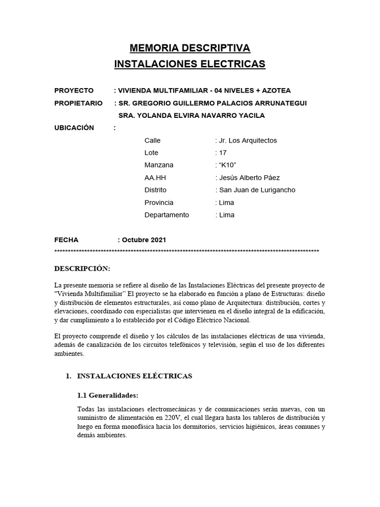 Memoria Descriptiva Instalaciones Electricas | Descargar gratis PDF | Enchufes y tomas de ...