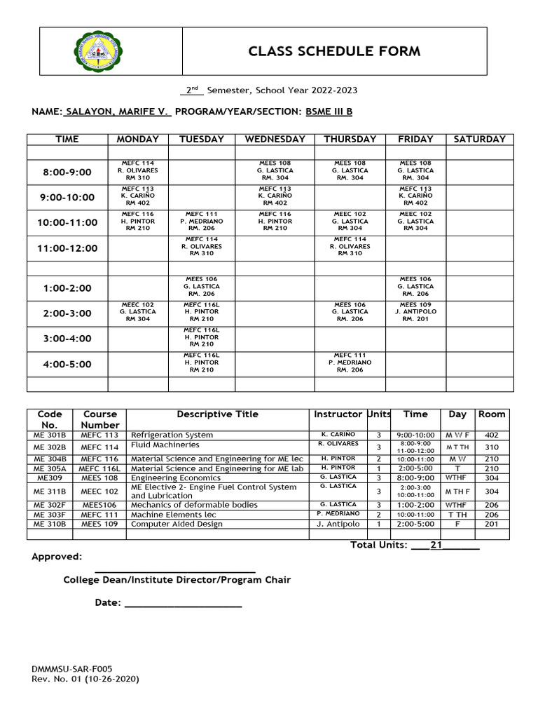 Sar f005 Class Schedule Form | PDF | Physical Sciences | Applied And ...