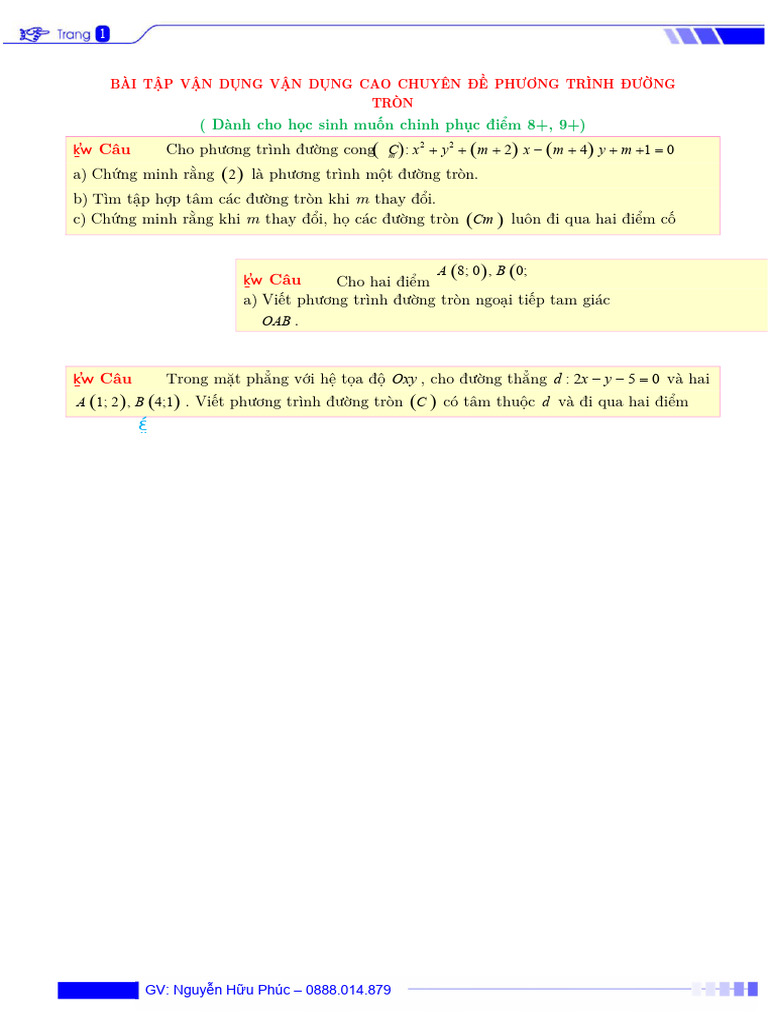Bai Tap Van Dung Van Dung Cao Chuyen de Phuong Trinh Duong Tron | PDF