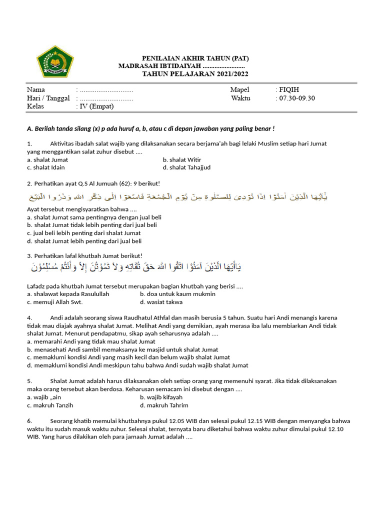 Soal Pat Fiqih Kelas 4 | PDF