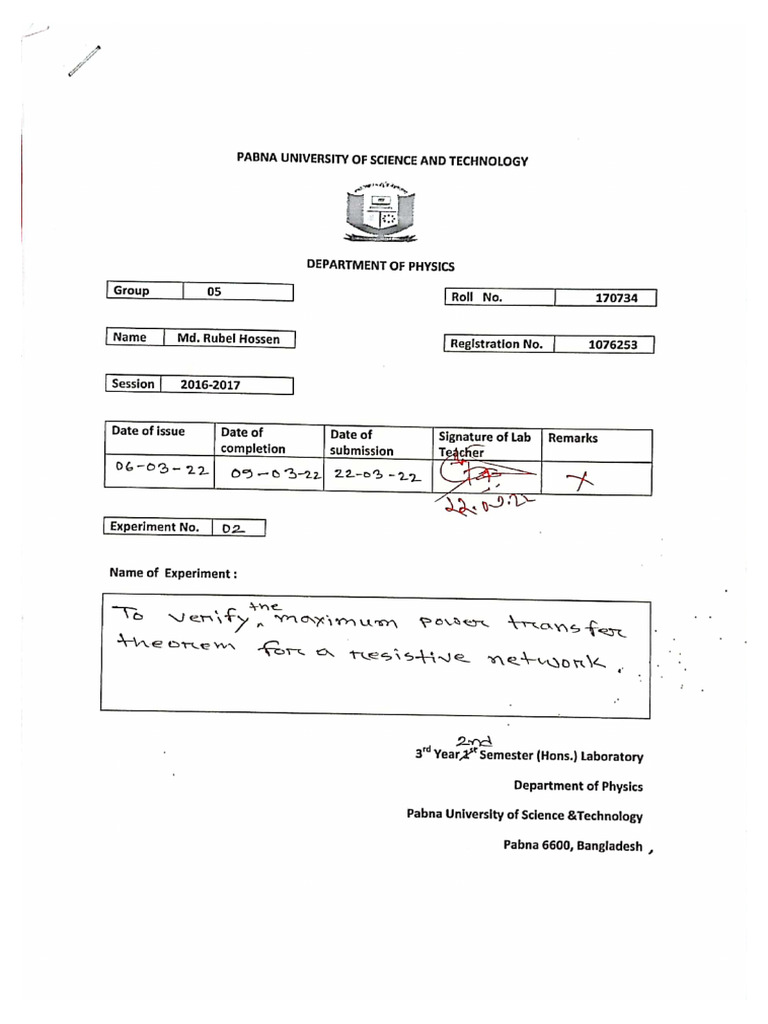 Exp. 02 - Max. Power Trans. Theorem | PDF