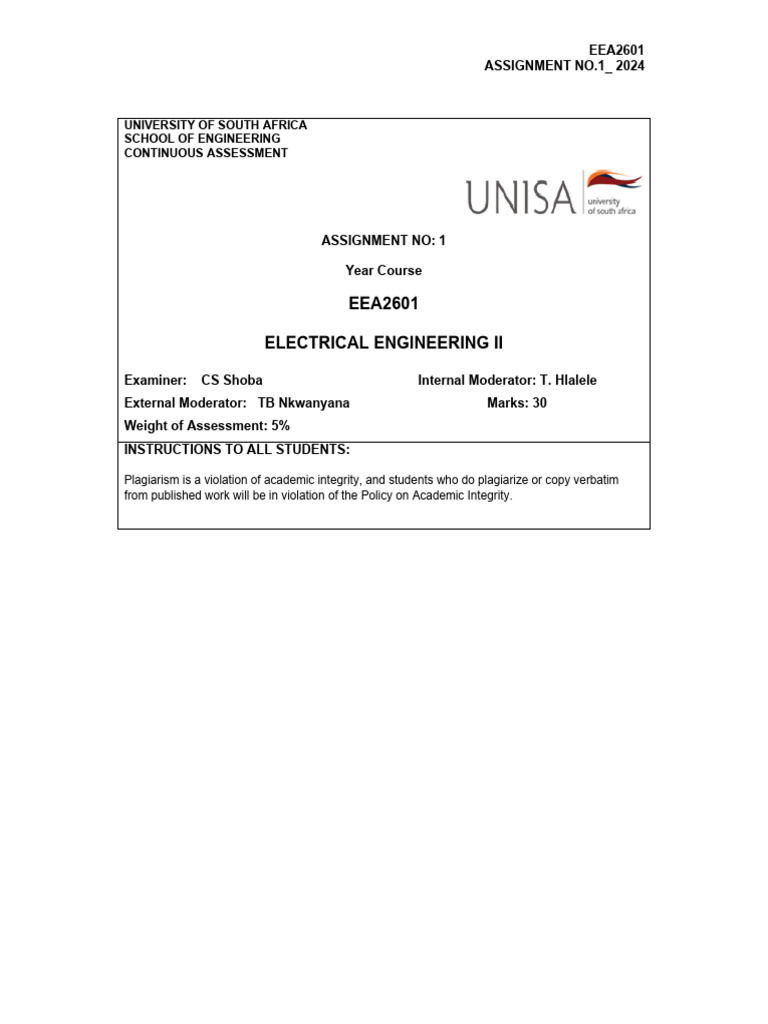 EEA2601 - 2024 - Assignment 1 | PDF | Alternating Current | Electrical ...