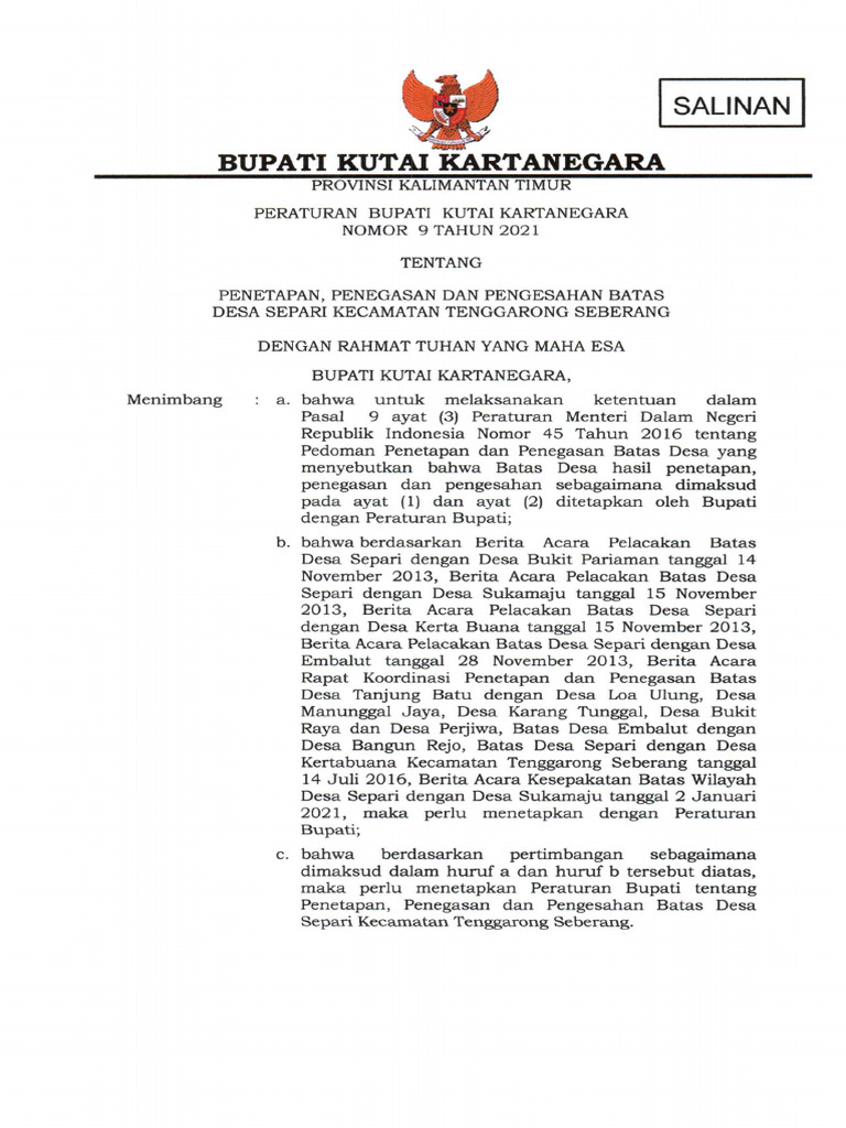 Penetapan Penegasan Dan Pengesahan Batas Desa Separi Kecamatan Teng - 9 - 2021 | PDF