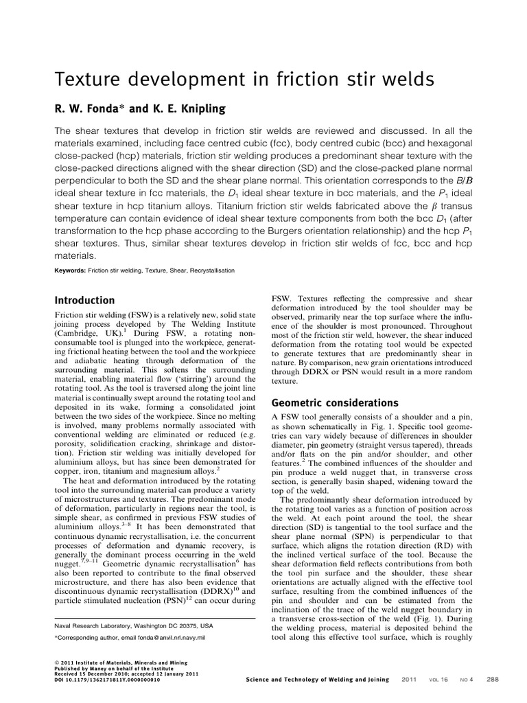 texture development in friction stir welding | PDF | Materials Science | Materials