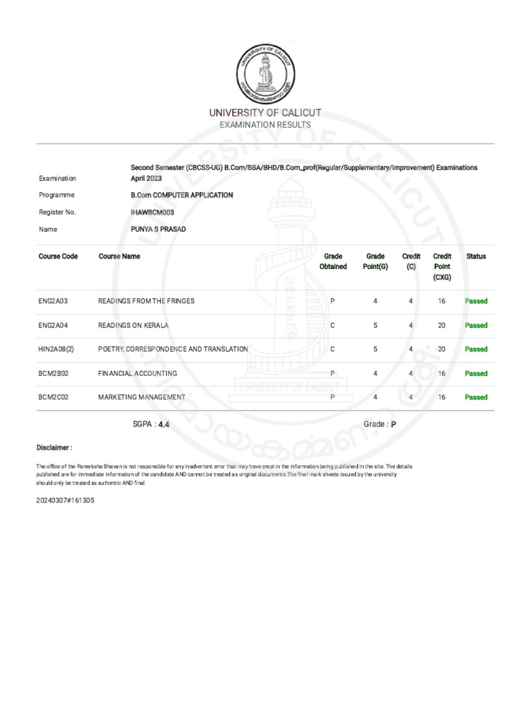 University of Calicut - Online RFTH | PDF