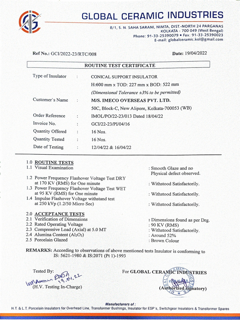 ROUTINE TEST CERTIFICATE | PDF