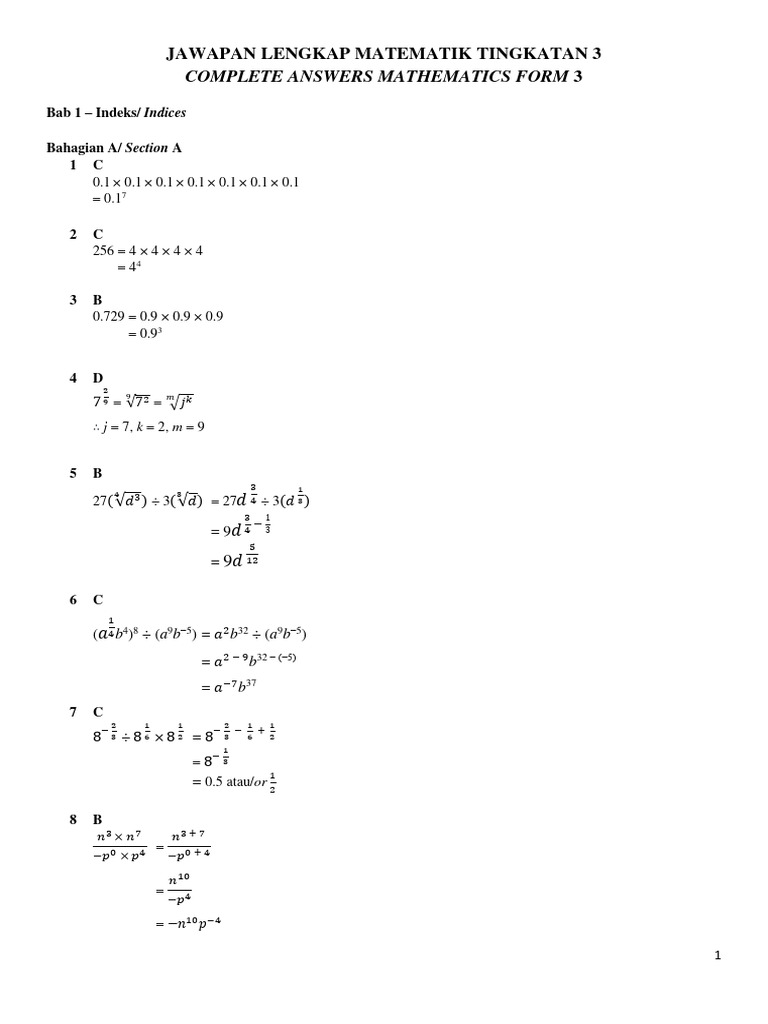 Jawapan Matematik Tingkatan 3 | PDF