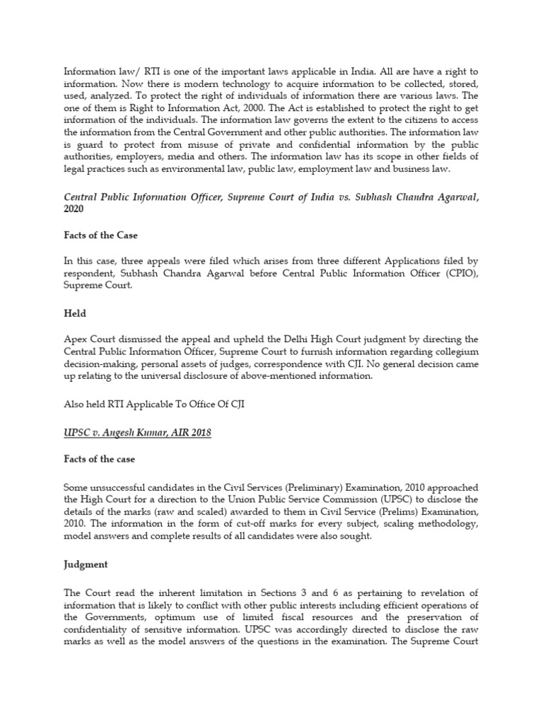 Key RTI Cases and Judgments in India | PDF | Supreme Court Of India | Supreme Court Of The ...