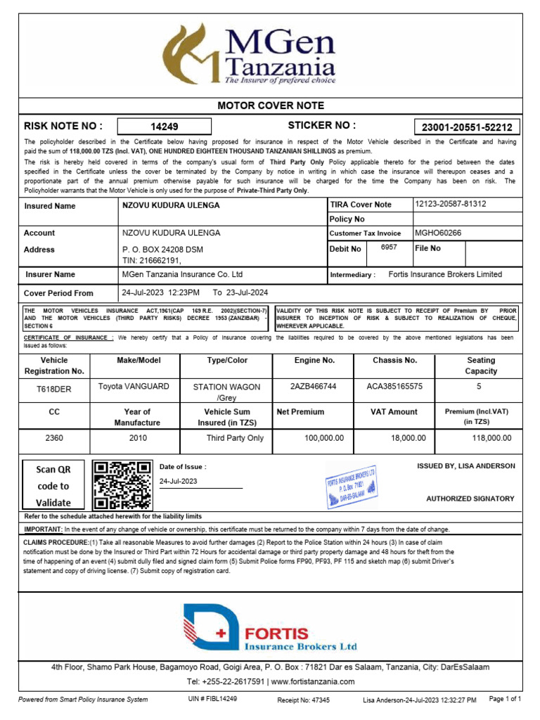 Report02 Fortis 2240723 123231 - TC | PDF | Insurance | Deductible