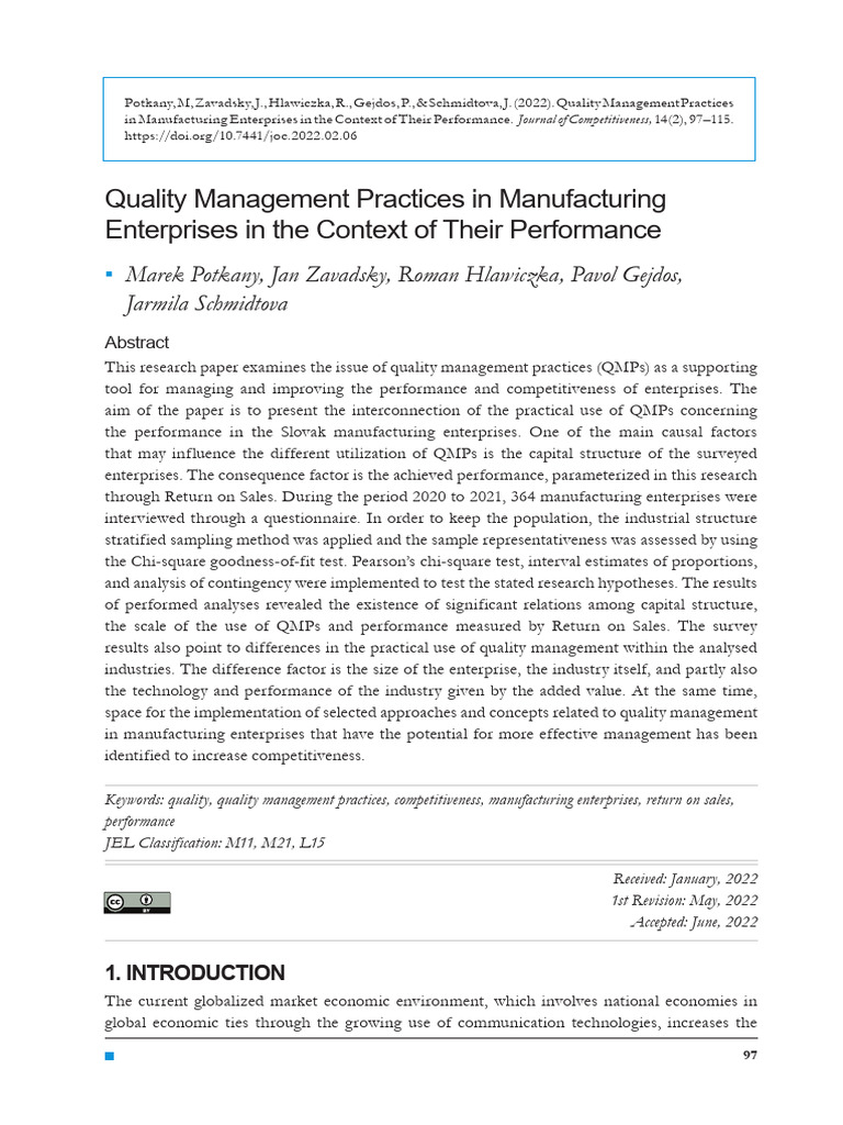 Quality Management Practices in Manufacturing Enterprises in The Context of Their Performance ...