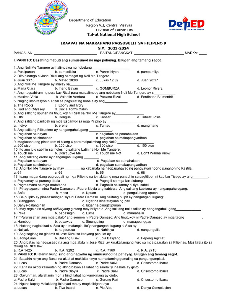 Grade 9Fil-4thPT | PDF