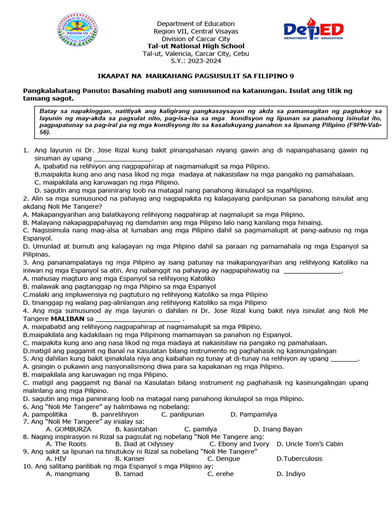 Grade 9 - Ikaapat Na Markahang Pagsusulit | PDF