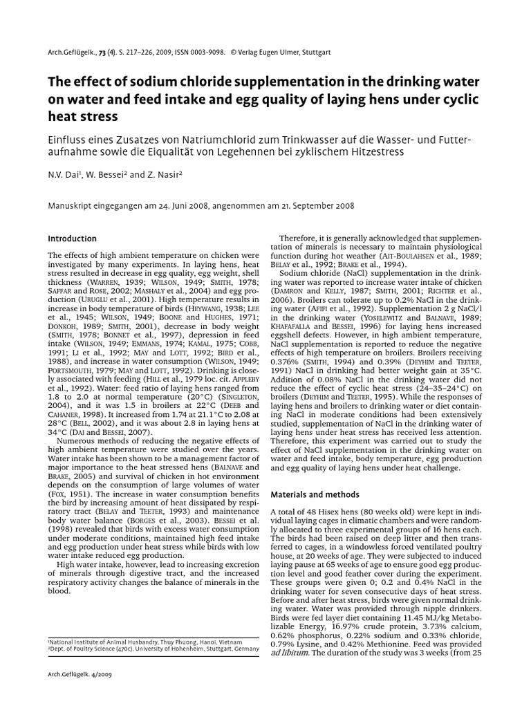 The Effect of Sodium Chloride Supplementation in The Drinking Water | PDF | Poultry Farming ...