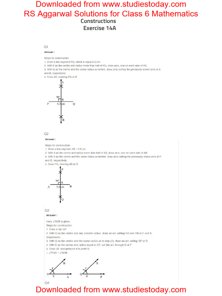 RS Aggarwal Class 6 Mathematics Solutions Chapter 14 Constructions | PDF