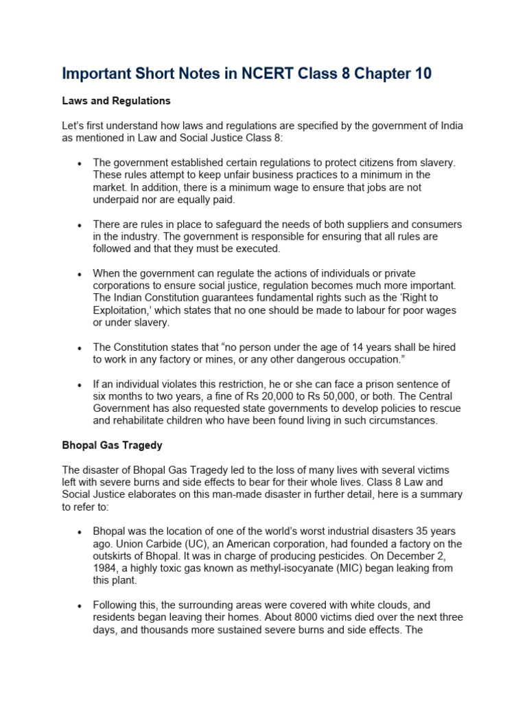 NCERT Class 8 Laws and Regulations Summary | PDF | Employment | Pollution